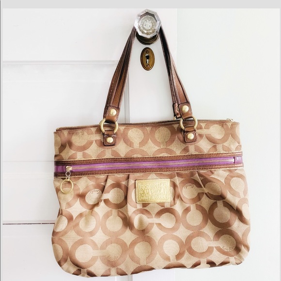 Coach | Bags | Coach Poppy Bag Purse Tan Brown Metallic Teal Blue ...